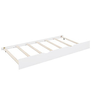 Wood Twin Bed w/ Trundle, Open Shelf & Roof for Boys Girls, House Bed w/ Trundle Bookcase & Wood Support Slats, No Box Spring Needed, Boys Girls Twin House Bed w/ Shelf Bookcase for 2 Kids Bedroom