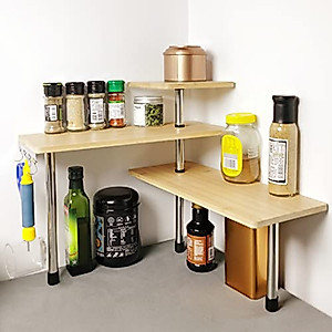 HAORUI 3 Tier Corner Shelf, Kitchen Countertop Organizer with Hooks, Desk Display Shelves, Adjustable Space Saving Spice Rack for Kitchen, Bedroom, Office
