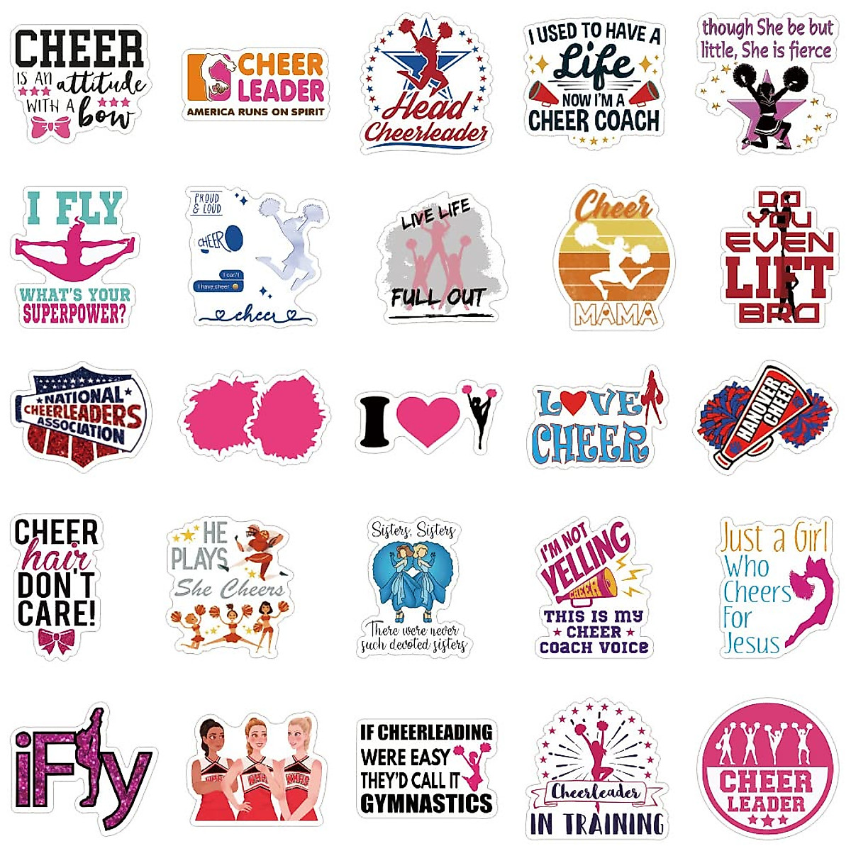 Cheer Stickers | 50pcs Waterproof Cheerleading Stickers, Cheer Vinyl Decal for Water Bottle Laptop Megaphone Bike Scrapbooking, Bulk Cheerleading Gifts for Cheerleaders Teens Boys and Girls