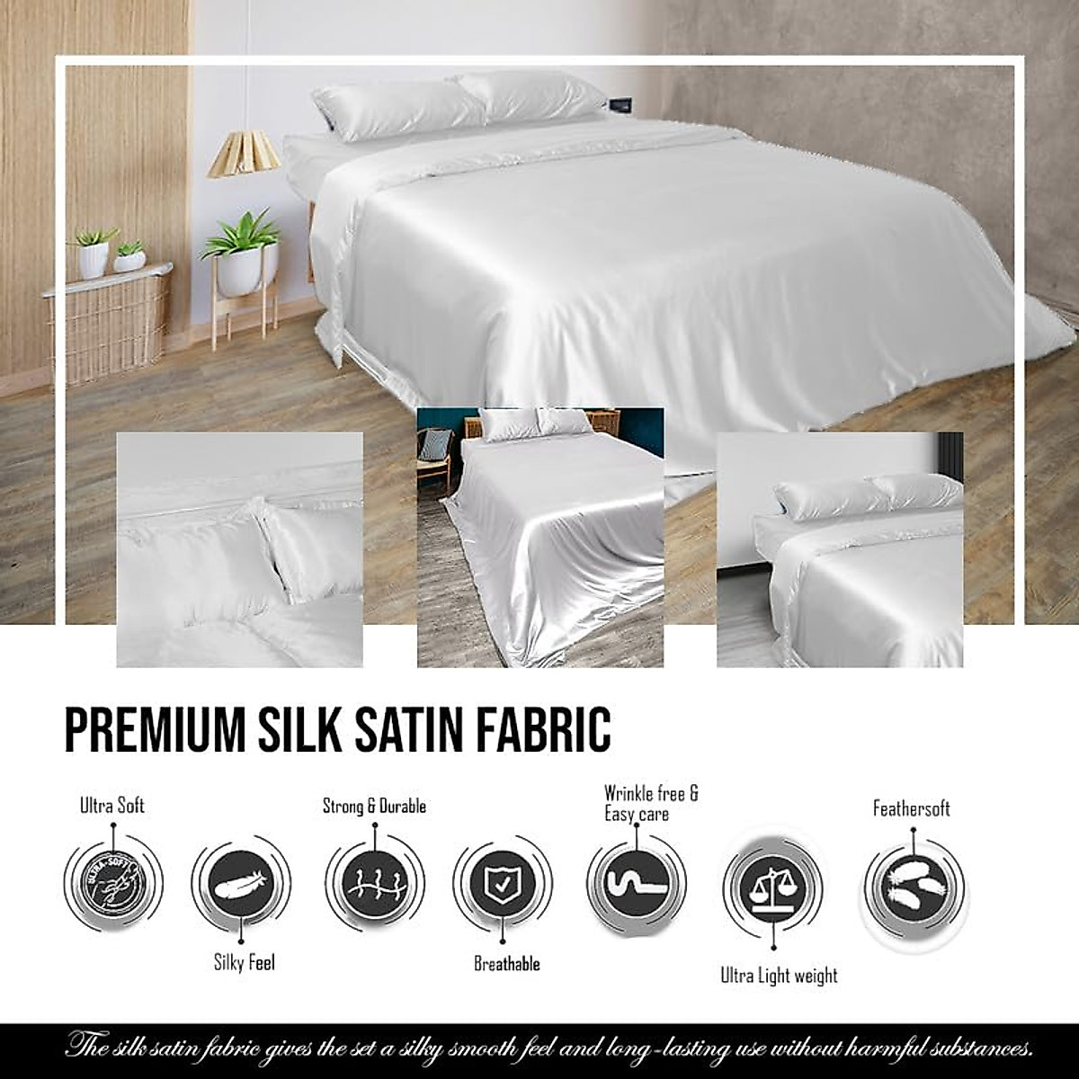 Cloud Fino Silk Satin Bed Linen Set, King, Deep Pocket, Black, 4pcs Including Fitted Sheet & Duvet Cover