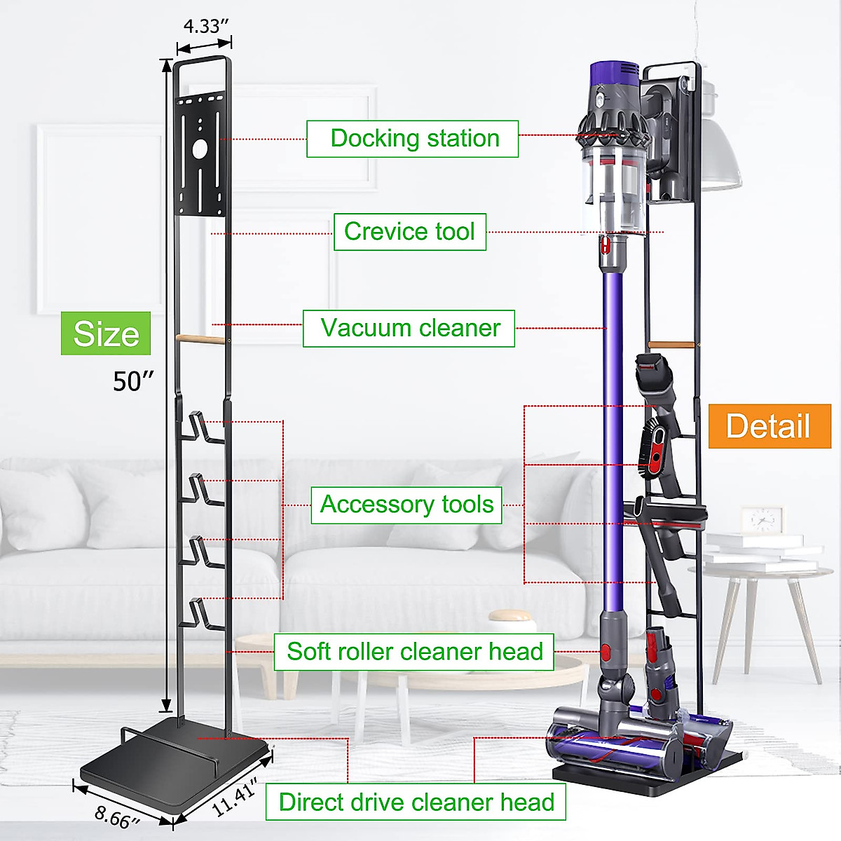 Haturi Vacuum Stand for Dyson V15 V11 V10 V8 V7 V6 - Vacuum Accessories Stable Metal Organizer Stand Holder, Dyson Handheld DC30 DC31 DC34 DC35 DC58 DC59 DC62 Cordless Vacuum Cleaners Storage Rack
