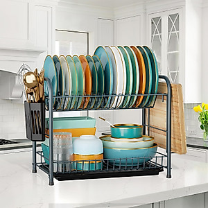 Naturous Dish Rack, 2 Tier Dish Drying Rack Kitchen Organizer with Drain Board, Utensil Holder, Cutting Board Holder, Gray