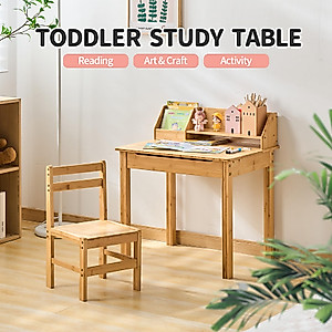 UNICOO® Kid Desk and Chair Set–Bamboo Lift-Top Child Desk with Storage and Hutch, Ideal Kids Desks for Homework, Compact Design for 3-8 Years Old, Small Kids Desk and Chair Set(C007-Nature)