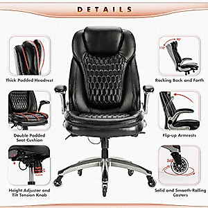 COLAMY 6686 Ergonomic Home High Back Executive Computer Desk Padded Flip-up Arms, Thick Bonded Soft Leather, Modern Office Chair with Upgraded Casters for Swivel Rolling (Black, 300lbs)