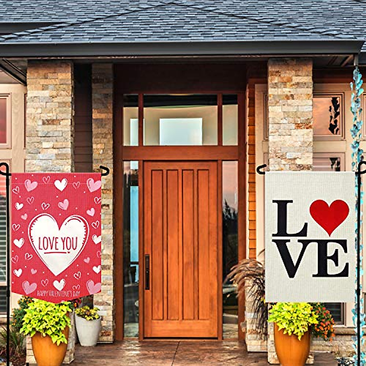 2 Pieces Valentine Flag, Love Happy Valentines Day Flag, 12.5 x 18.5 Inch Valentine's Heart Garden Flag, Double Sided Printing 2 Layer Burlap Flags for Valentine's Day Home Garden Yard Decoration Gift