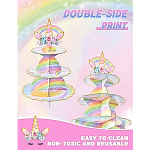 Unicorn Cupcake Stand - Unicorn Birthday Party Decorations for Girls Kids 3-Tier Cardboard Cupcake Stand Dessert Tower Holder Round Serving Tray Stand Unicorn Horn Theme Baby Shower Party Supplies