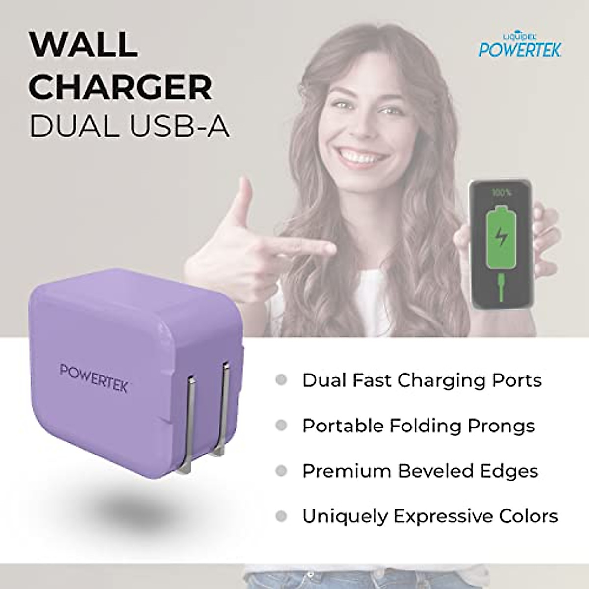 Liquipel Powertek Dual USB-A Wall Charger, Beveled Edges, Foldable, Compact, Pastel Colors (Purple)