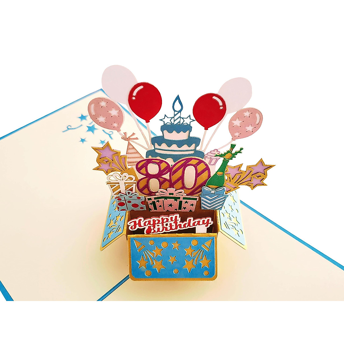 iGifts And Cards Happy 80th Blue Birthday Party Box 3D Pop Up Greeting Card – Eighty, Awesome, Balloons, Unique, Celebration, Feliz Cumpleaños, Fun, Fabulous