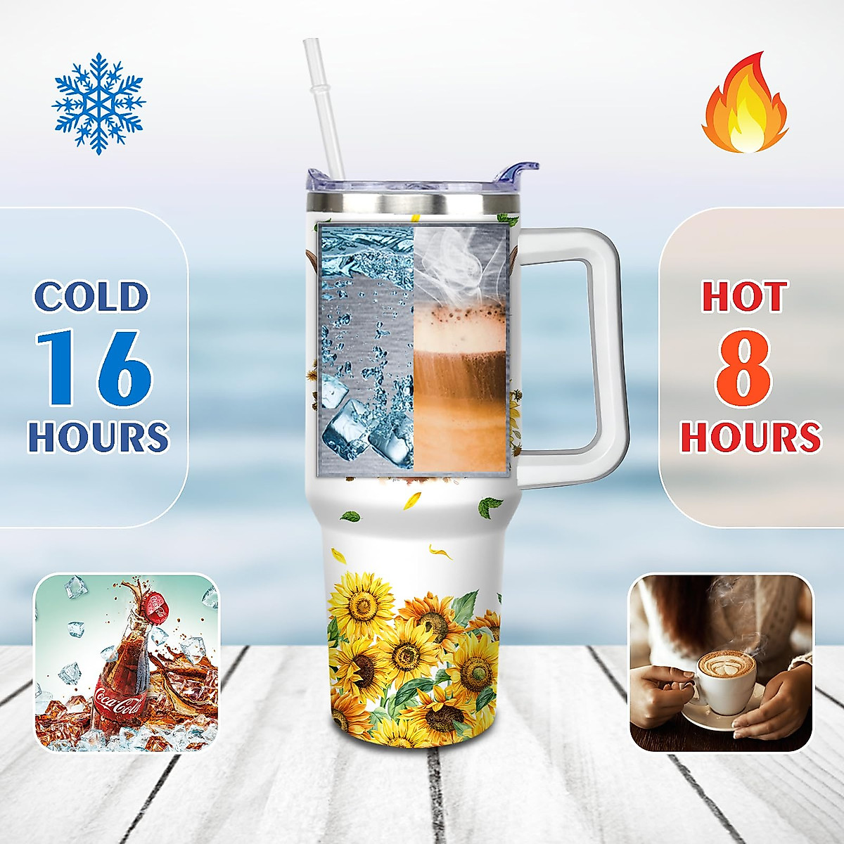 thmasamwr Cow Print Tumbler with Lid and Straw, Stainless Steel 40oz Tumbler with Handle, Sunflower Cow Print Travel Coffee Mug Water Bottle, Highland Cow Gifts Cups for Women and Girls