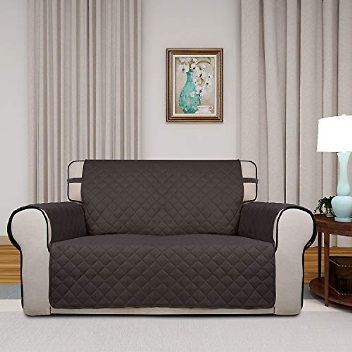 PureFit Reversible Quilted Sofa Cover, Water Resistant Medium Slipcover Furniture Protector, Washable Couch Cover with Non Slip Foam and Elastic Straps for Kids, Dogs, Pets (Loveseat, Chocolate/Beige)