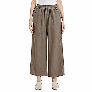 IXIMO Women's 100% Linen Pants Elastic Pleated Wide Leg Straight Fit Palazzo Pants Capri Style_ Dark Khaki XL