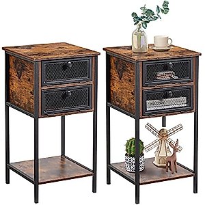 VECELO Tall End Side Table, 27.3''Nightstands Storage Shelf, 2 Set Sturdy Steel Frame for Bedroom, Living Room, Industrial Design,Rustic Brown, 2 Drawers