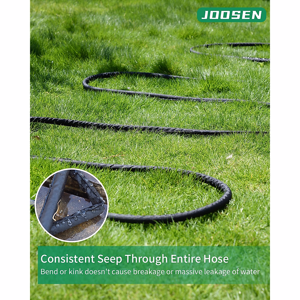 JOOSEN Soaker Hose 50ft 1/2" Flat Double Layer Consistent Drip Hose Saving 80% Water Leakproof Kink Free Vegetable Garden Pvc Hose
