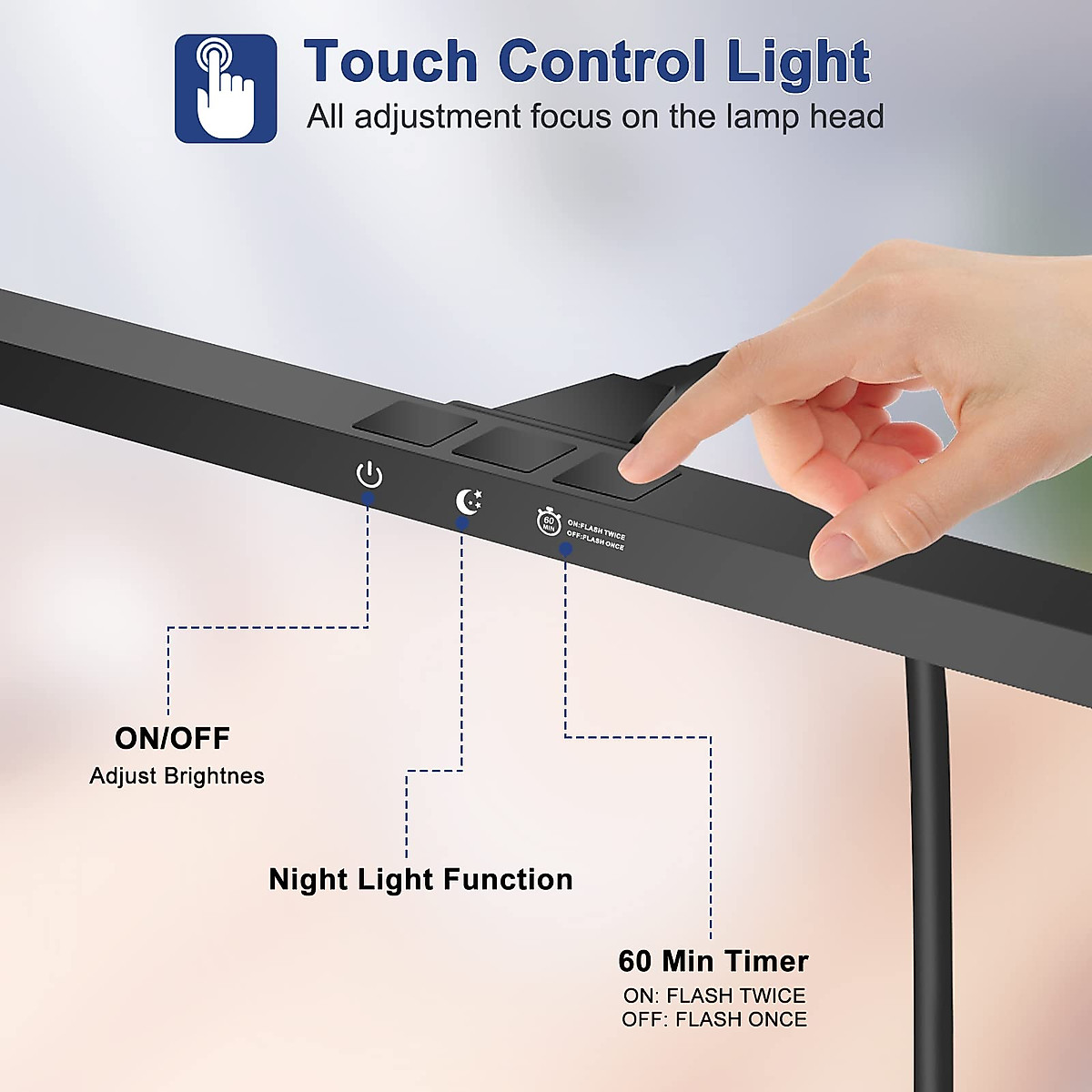 NEWACALOX Desk Lamps for Home Office, LED Desk Lamp with Touch Control and Night Light Function, Architect Task Lamp with 16-inch Long Lamp Head, 3 Modes 10 Brightness Gooseneck Desk Light