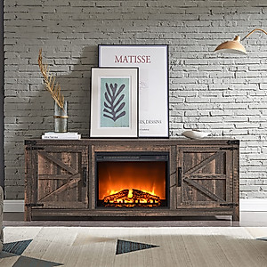 T4TREAM Fireplace TV Stand for 75 Inch TV, Farmhouse Barn Door Media Console, Entertainment Center with 23" Electric Fireplace Remote Control, for Living Room, 66 Inch, Dark Rustic Oak