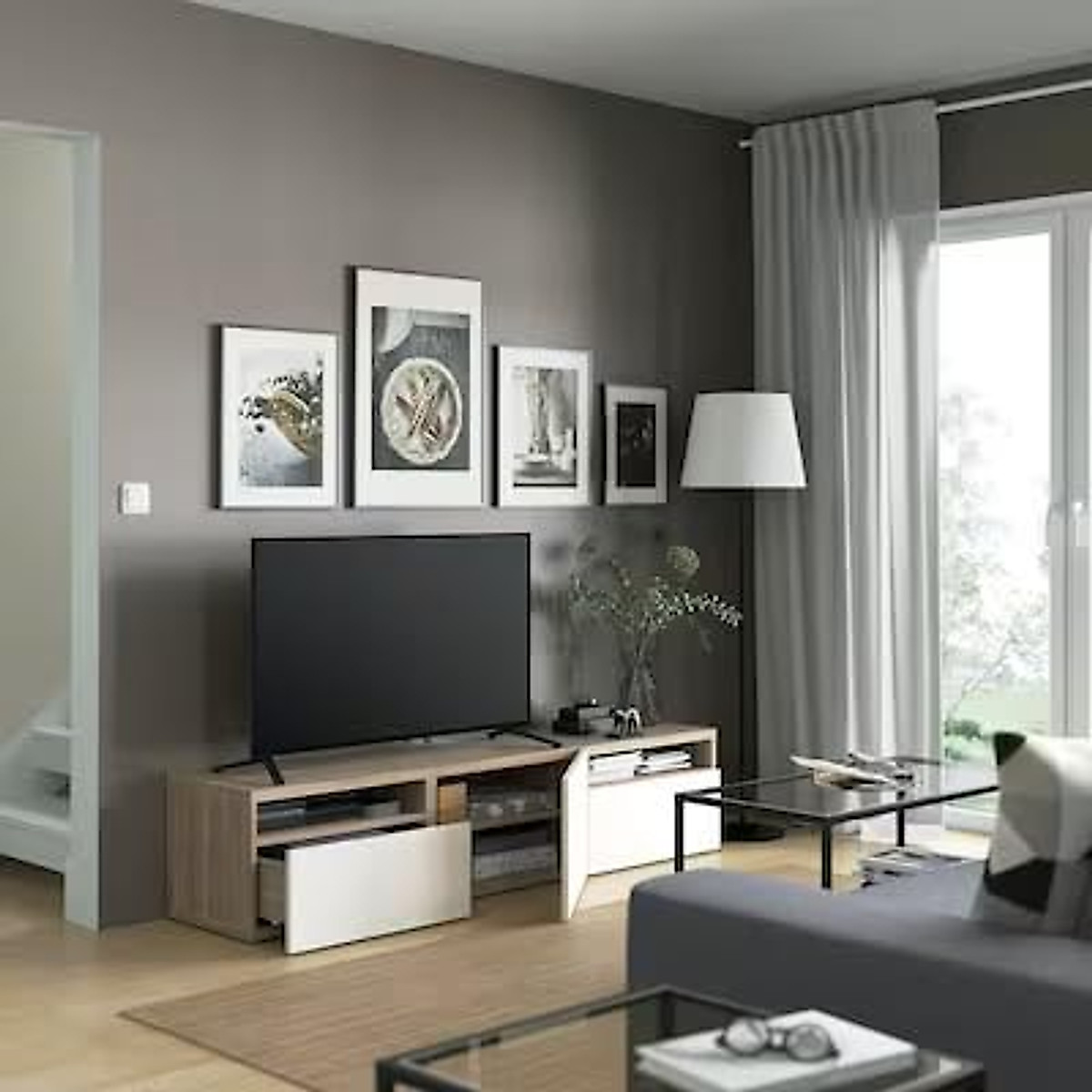 TV Unit with Drawers and Door,Walnut Effect Light Gray/Selsviken high-Gloss/White, 70 7/8x16 1/2x15 3/8 "