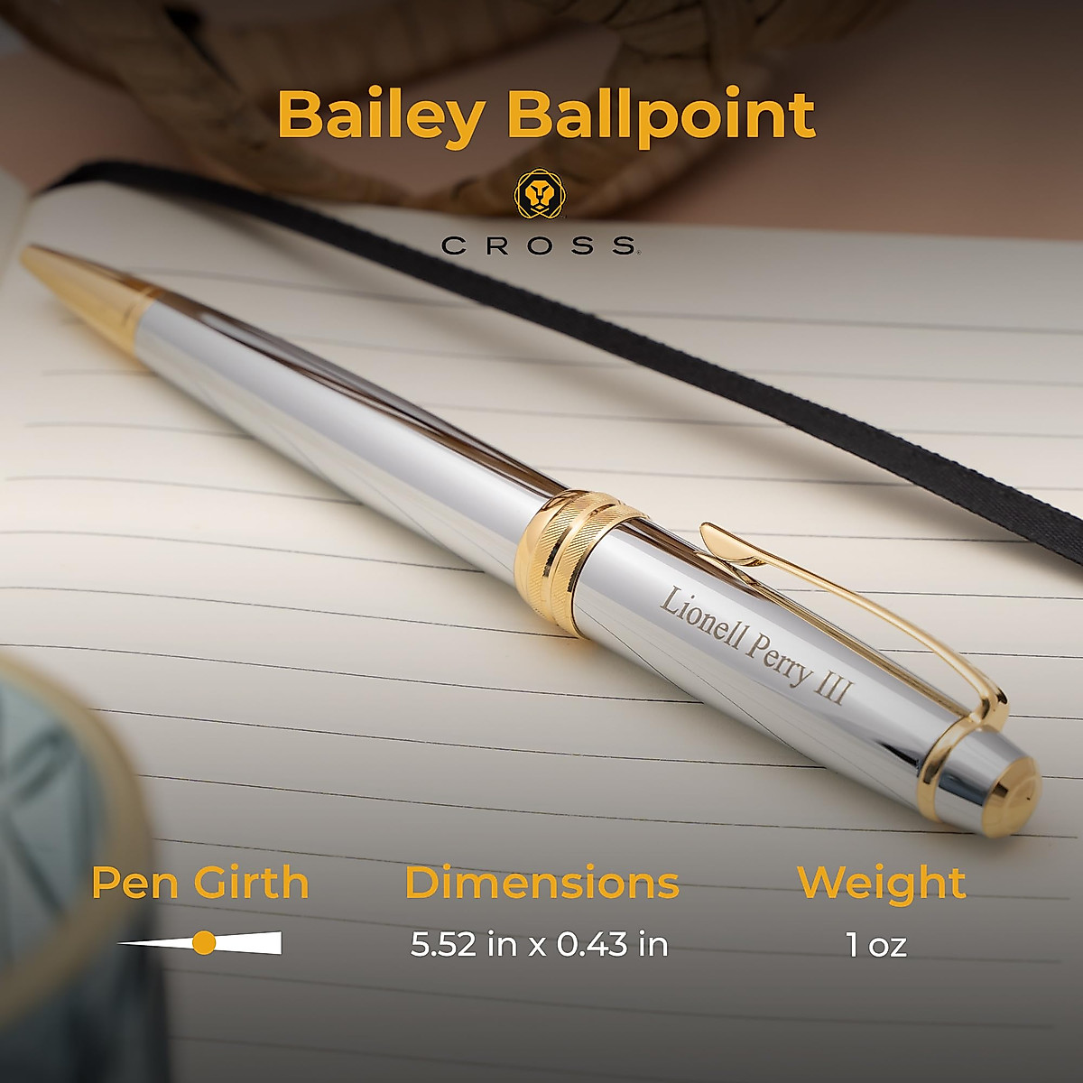 Dayspring Pens Engraved Cross Pen | Personalized Cross Bailey Medalist Ballpoint Gift Pen - Chrome With Gold Trim, Custom Engraved Executive Gift.