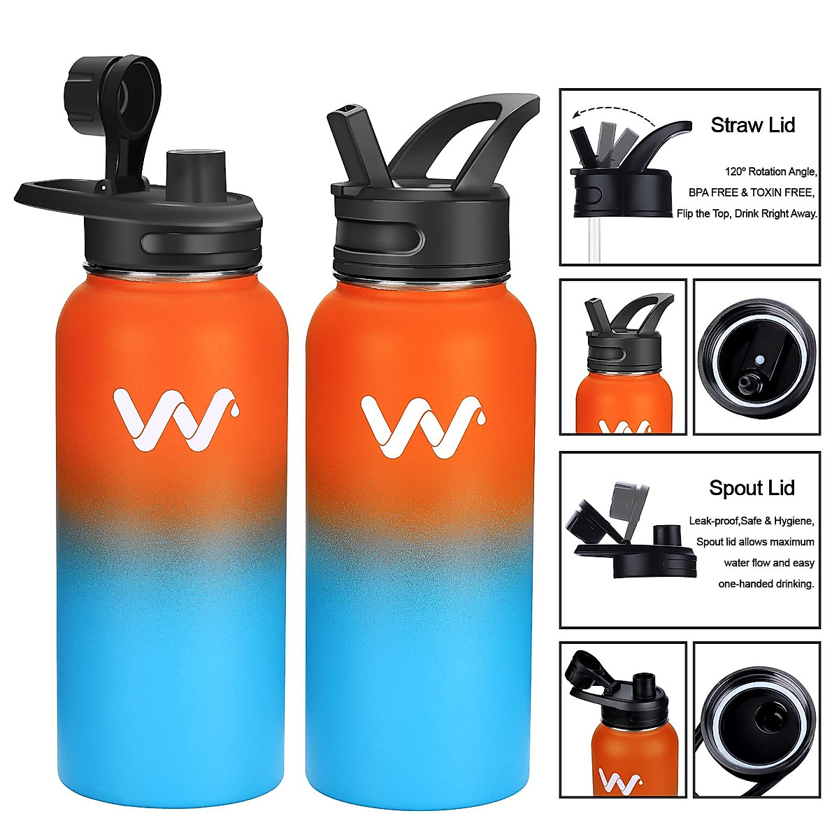 WEREWOLVES 24 oz Insulated Water Bottle With Paracord Handles & Strap & Straw Lid & Spout Lid,Reusable Wide Mouth Vacuum Stainless Steel Water Bottle for Adults (New-Summer Orange, 24 oz)