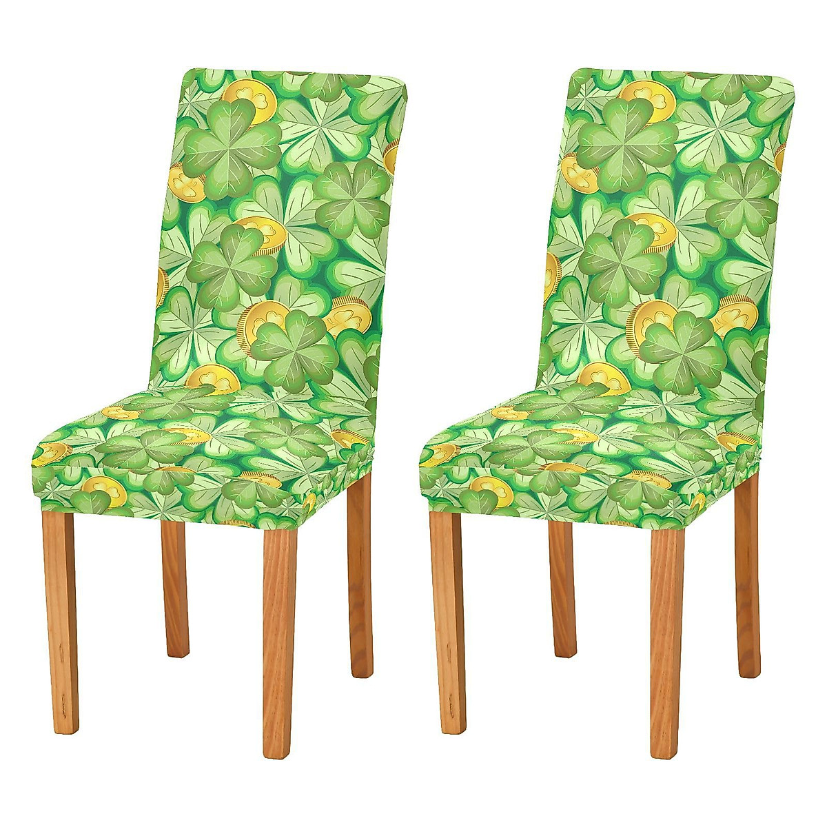 JUNZAN Luck Clover Gold Coin St. Patrick's Day Green Table and Chair Covers 2Pcs Table and Chair Cover Set Stretchable Banquet Chair Covers for Dining Room Spandex Chair