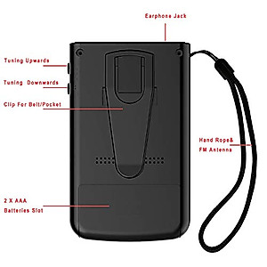 Portable Radio Emergency AM FM Radio Compact Portable Pocket Auto Search Battery Back Clip Player Outdoor (Black)