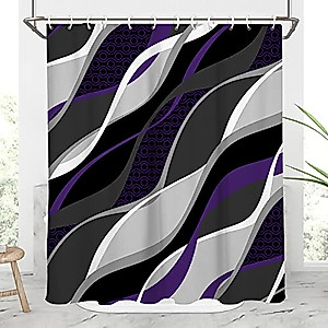 AAtter Purple Shower Curtain Black Grey Gray White Modern Dark Accent Lavender Lilac Boho Abstract Weave Textured Neutral Plum Geometric Stripe Home Bathroom Decor Bathtub Set, 60x72, Contemporary