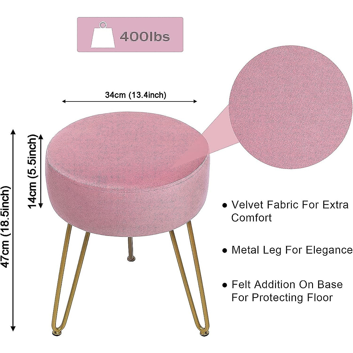 YOONIC Velvet Soft Modern Vanity Stool -Round Footrest Stool Ottoman Side Table Seat Dressing with Golden Metal Leg and Sponge Filling,Upholstered Foot Rest, for Living Room and Bedroom Pink