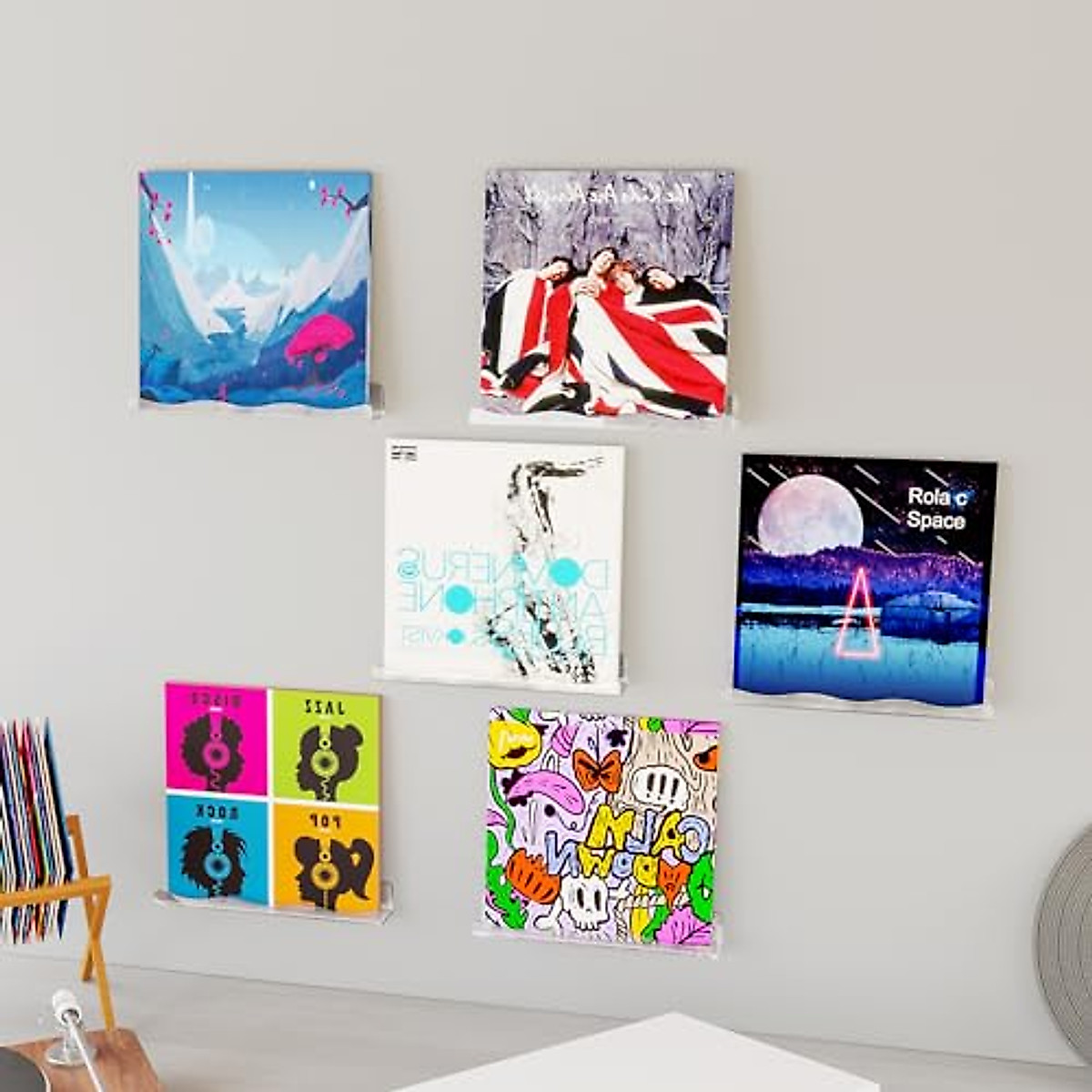 Fixwal Vinyl Record Wall Mount Shelves, 6 Pack 12in Wavy Vinyl Holder for Album Record Storage & Display, Clear Acrylic Floating Shelves for Wall Decor, Kids Bookshelf
