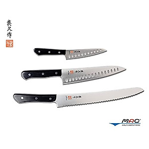 MAC Knife Chef series 3-piece starter knife set CHEF-32, TH-80 Chef series 8" dimpled Chef's knife, TH-50 Chef series 5" dimpled Paring knife, SB-105 Superior series 10.5" Bread knife, made in Japan
