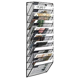 PAG 10 Pockets Wall File Holder Wall Mounted Mail Sorter Organizer Metal Chicken Wire Hanging Magazine Rack, Black