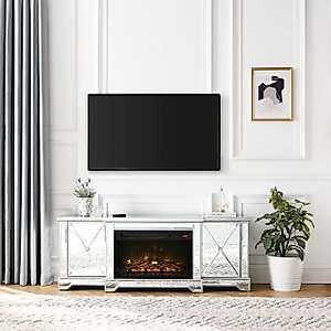 Alohappy Electric Fireplace TV Stand for TVs up to 65”, Mirrored TV Stand with 18” LED Fireplace and Remote, Home Media Entertainment Center Silver TV Console Table Furniture for Living Room