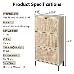 Sweiko 3 Flip Drawer Shoe Cabinet Natural Rattan Shoe Cabinet Organizer Freestanding Wooden Shoe Rack Storage Cabinet with Metal Legs for Entryway Hallway Bedroom Mudroom