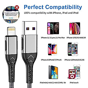 iPhone Charger, [Apple MFi Certified] 3Pack 6FT USB A Cable for Long Charger Cable, Fast iPhone Charging Cord Compatible with with iPhone Xs Max/XS/XR/X/8/7/6S/6/Plus/SE/iPad(Silver)