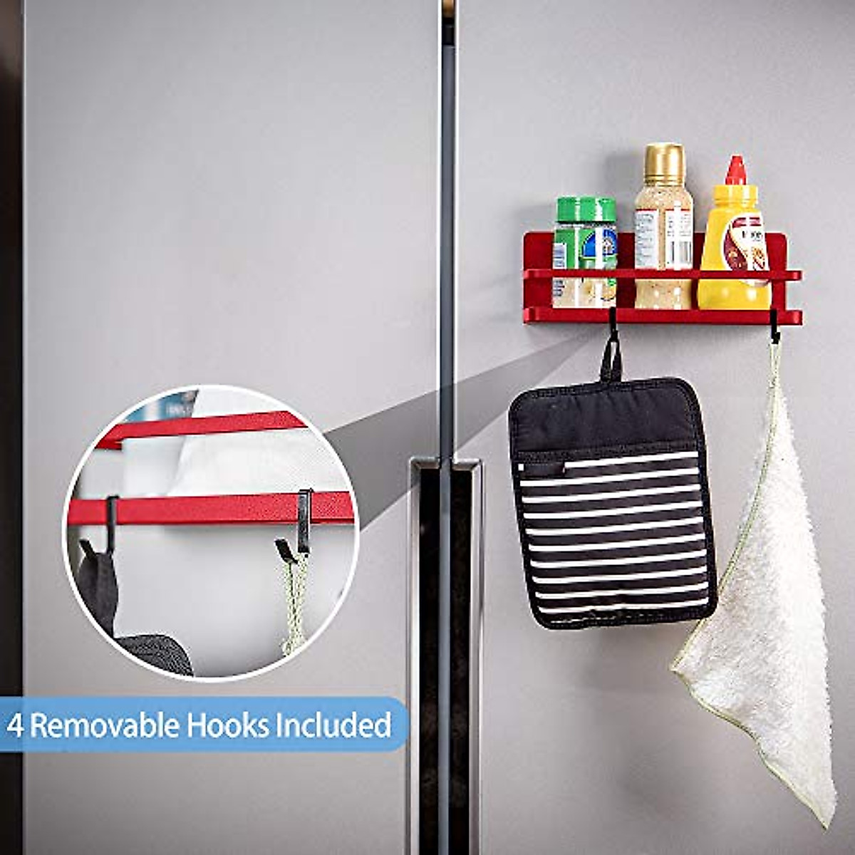 2 Pack - Magnetic Spice Rack, Fridge Organizer Shelf, Side Wall Refrigerator Storage for Spices, Utensils or Plates, Works as Towel Holder with Hooks, Organization for Home and Kitchen (Red)