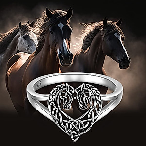LOVGIFSET Celtic Horse Ring Celtic Knot Horse Wedding Rings for Women band Heart Sterling Silver Mustang Equestrian Jewelry Horses Lover Gifts Size 8