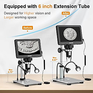MOYSUWE MDM9 7" LCD Digital Microscope 1200X [Full Field of View] Extended Coin Microscope with 12MP Camera Sensor, 1080P HD USB Soldering Microscope with 10 LED Lights, Windows/Mac OS Compatible