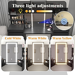 57.1" W Vanity Makeup Table with Lighted Mirror Table with Tri-Folding Mirror, 8 Drawers, 3 Light Modes, Open Storage Shelves, Vanity Table as Gifts for Girls/Women Vanity must Haves White (White)