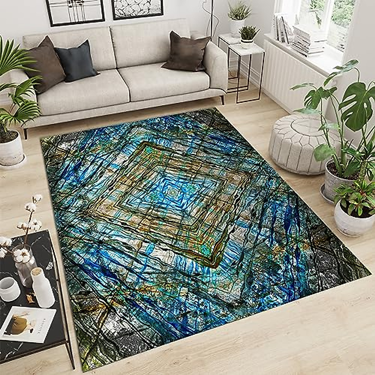 American Abstract Retro Living Room Decor Area Rugs, Diamond Pattern Geometric Design Bedroom Carpet, Low Pile Soft Machine Washable Non Slip Backing Interior Door Mat Pet Carpet Game Room-2ft x 3ft