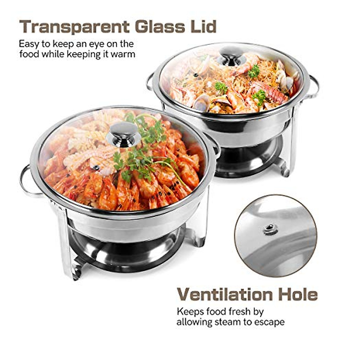 BriSunshine 2 Packs 430 Stainless Steel Chafing Dish Buffet Set, 4 QT Round Chafing Dish with Glass Lid & Lid Holder, Food Warmers for Parties Buffet Wedding Catering