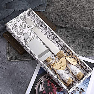 TANG SONG Rustic Style Stainless Steel Wedding Cake Knife and Serving Set Resin Plastic Handle with Twine Heart Love Wood Tag and Burlap Lace Design