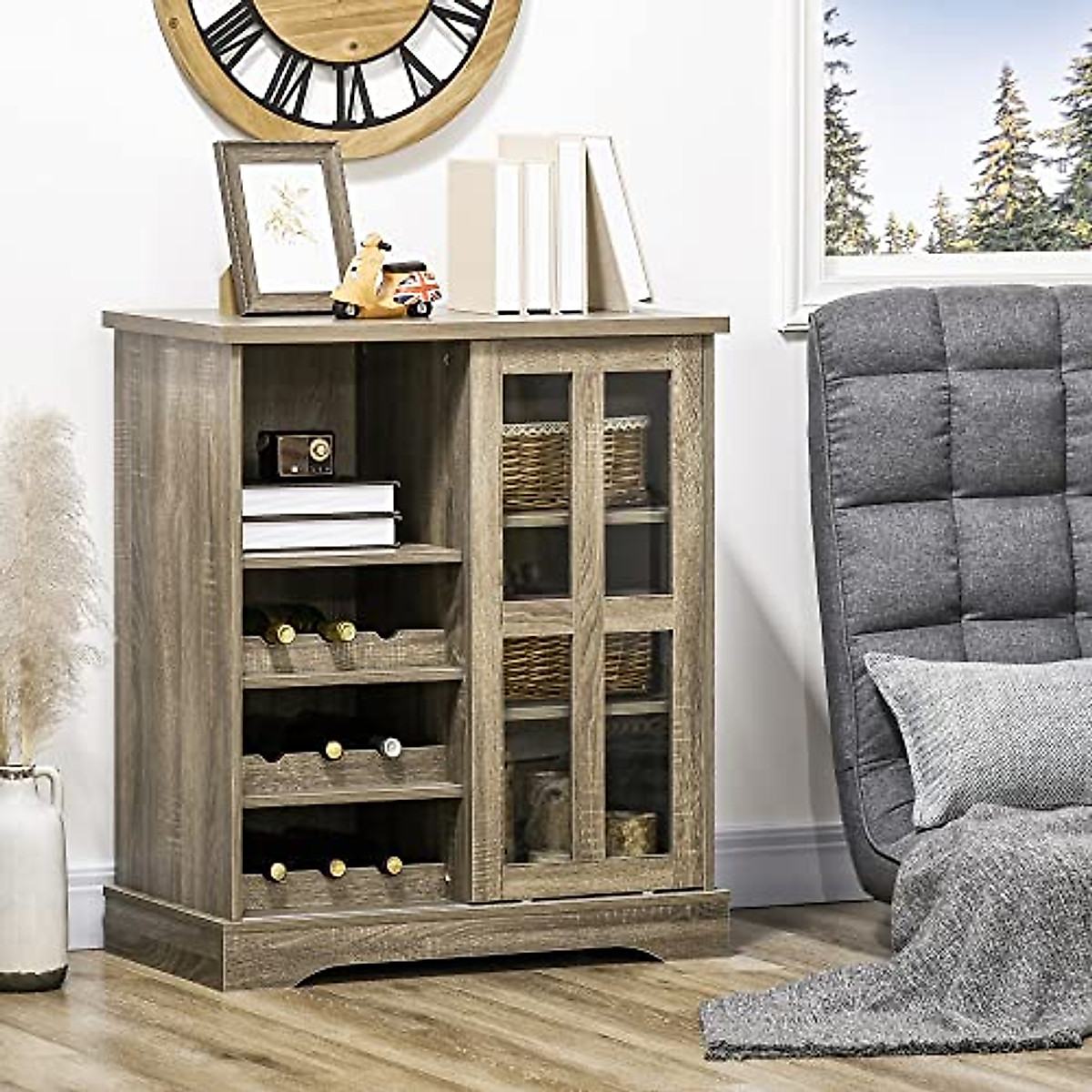 HOMCOM Coffee Bar Cabinet, Sideboard Buffet Cabinet with Sliding Door, Wine Cabinet with Storage, Gray