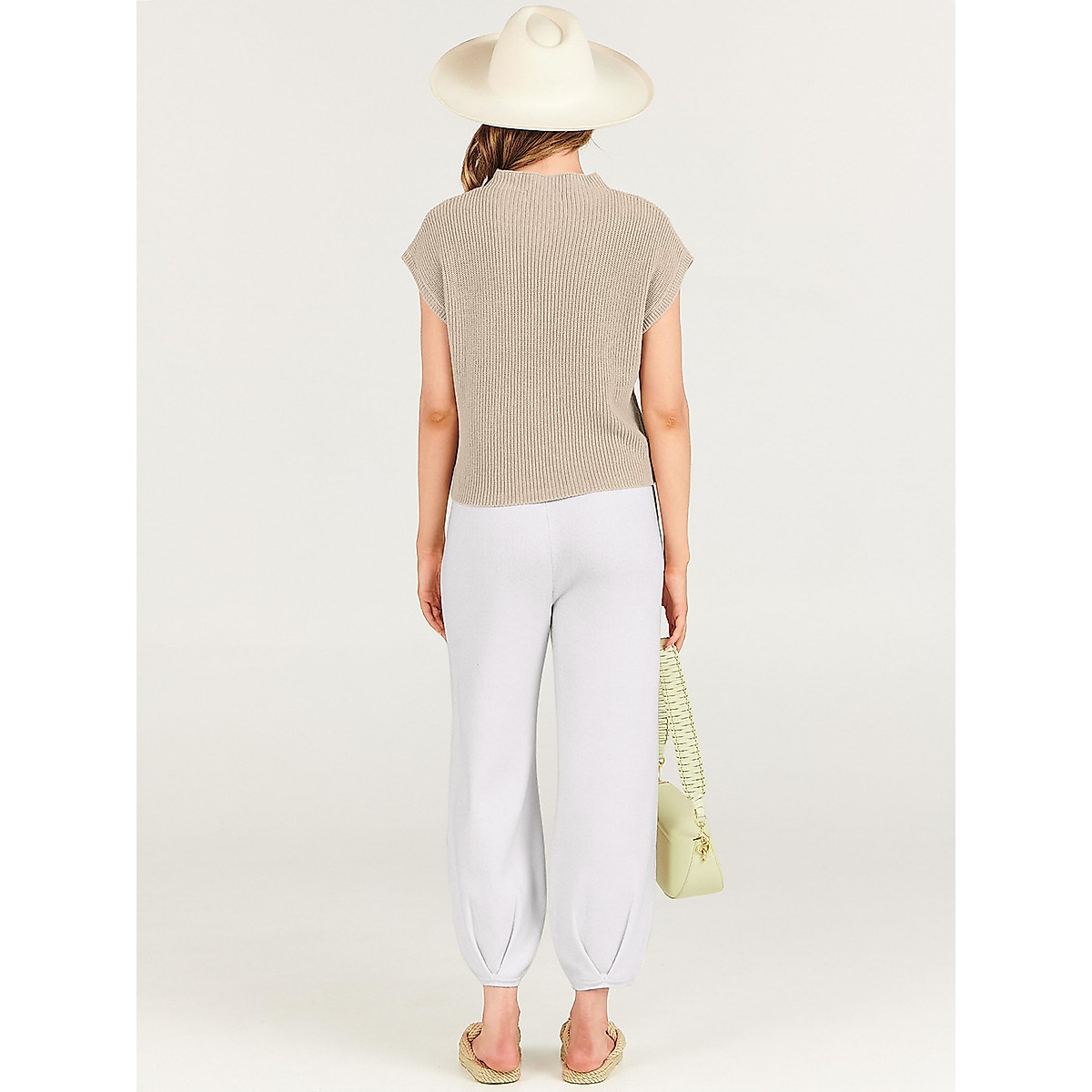 ANRABESS Women's Two Piece Outfits Knit Sweater Vest Crop Top Pants Lounge Matching Tracksuit Sweatsuit Travel Clothes Sets Khaki White Small