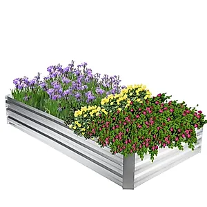 iPower Galvanized Raised Garden Bed Kit Adjustable Size Thickened Metal Planter Box Outdoor for Flowers Vegetables and Herb, 8x4x1ft, 8 x 4ft, Silver