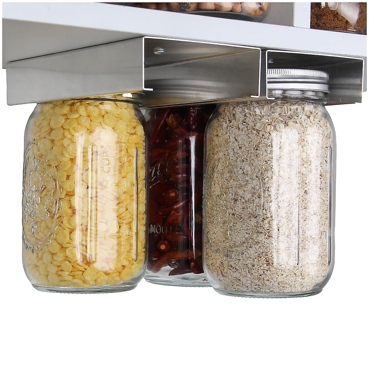 Mason Jar Organizer, Mason Jars Rack for Food Storage, Canning Jar Holder Under Kitchen Cabinet, Mason Spice Jars Hanger Brackets for 4oz, 8oz, 12oz, 16oz, 24oz, 32oz, 64oz (2 Pcs-Wide Mouth)
