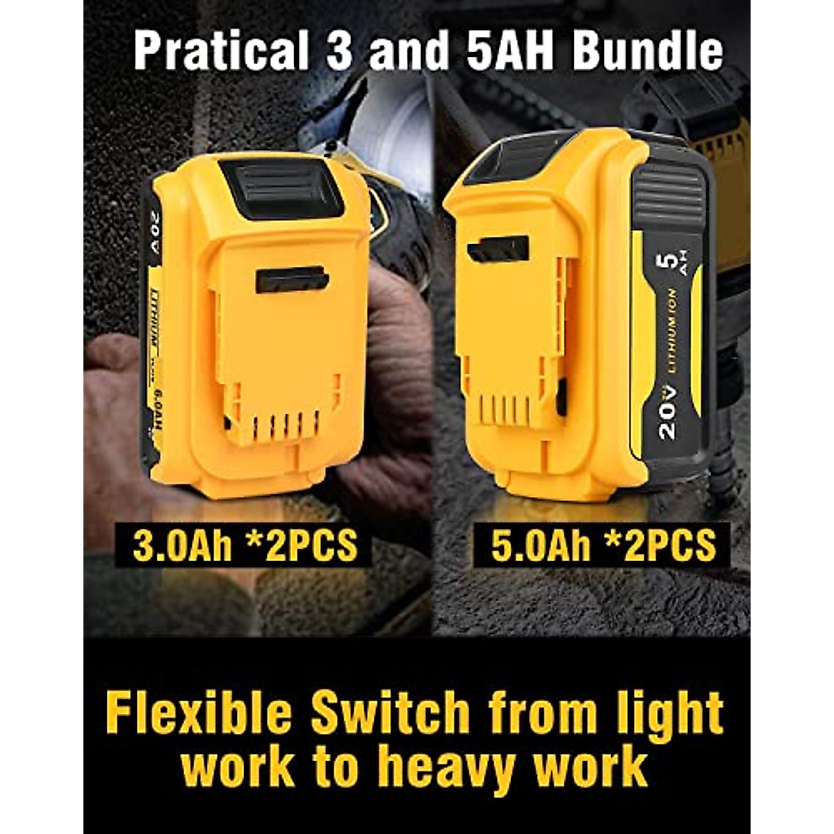 5.0Ah&3.0Ah 4-Pack Battery Set Replacement for Dewalt 20V Battery DCB203,DCB203-2,DCB205,DCB206,DCB200,DCB201,DCB180,DCB181,DCB182, Compatible with Dewalt 20V Tools, for DCD, DCF, DCG and DCS Series