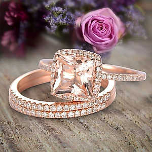 Trio Wedding Ring Set 2 Carat Morganite Diamond Engagement Ring & 2 Matching Wedding bands Rose Gold