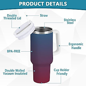 MCHIVER Blue Red Gradient 40 oz Tumbler with Handle and Straw Stainless Steel Vacuum Water Bottle Leak-proof Travel Coffee Mug Insulated Tumbler for Home Car Office