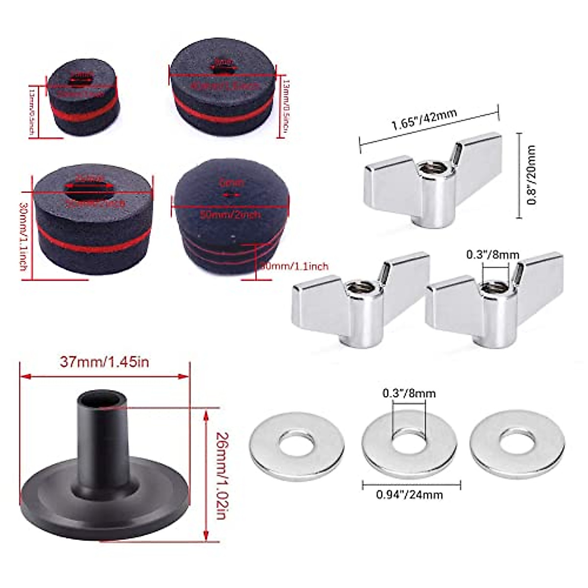 Jiayouy Drum Set Parts Hardware Pack 64pcs Tension Rods(15mm-90mm) Bass Drum Porthole Protector Cymbal Felts Hi-Hat Clutch Washer Sleeves and Base Wing Nuts Cymbal Replacement Accessories