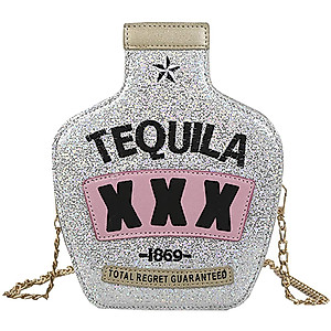 QZUnique Laser Handbag Women's PU Sequins Bucket Bag Embroidery Crossbody Bag Zipper Closure Shoulder Bag