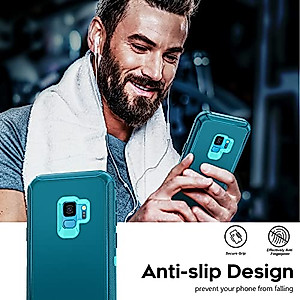 LeYi Compatible for Galaxy S9 Case, Samsung Galaxy S9 Case, 3 in 1 Full Body Shockproof Rubber Dustproof Rugged Defender Protection Case Samsung Galaxy S9 Phone Case, Teal Blue