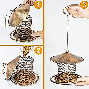Squirrel Proof Bird Feeders, Cute Lantern Bird Feeder Roof Shaped, Heavy Duty Metal Wild Bird Feeder with Hook for Garden Yard Outside Hanging Decor, 2lbs Capacity - Bronzed